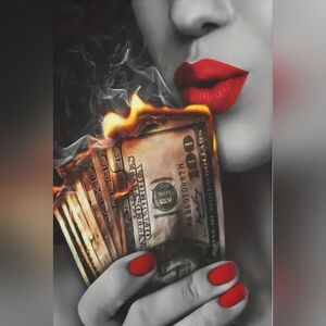 Posters and more | Art | Red Lips Lady Burning Money Canvas Art Print ...